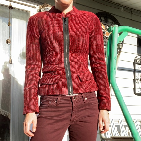 LK Bennett | Jackets & Coats | Lk Bennett London Burgundy Black Red Tweed Zipped Blazer S | Poshmark